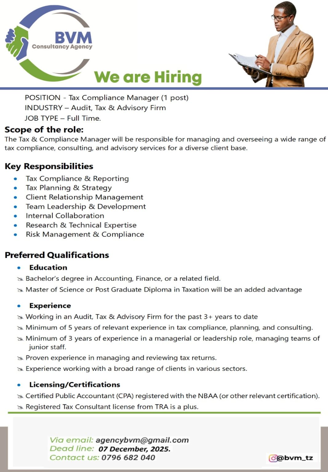 Tax Compliance Manager Job Vacancy at BVM Consultancy agency | AJIRA YAKO